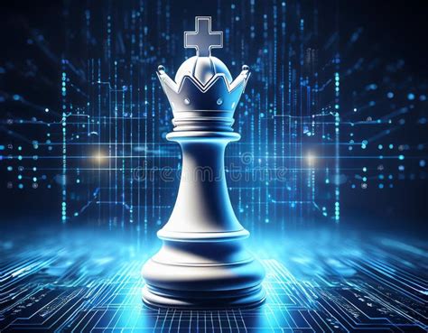 white chess king with blurred binary data and computer network on dark