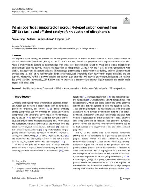 Pd Nanoparticles Supported On Porous N Doped Carbon Derived From ZIF A Facile And Efficient