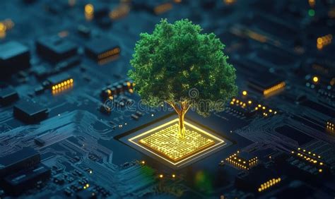 Tree Growing From Microchip Symbolizing Technology And Nature
