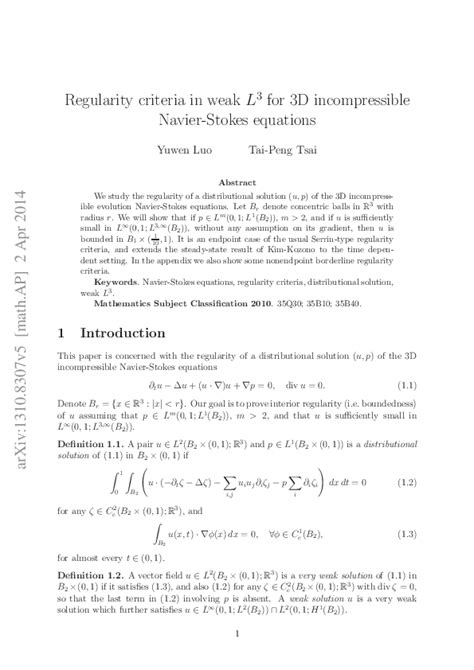 Pdf Regularity Criteria In Weak L 3 For 3d Incompressible Navier Stokes Equations