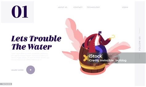 해적 모험 이야기 웹 사이트 방문 페이지 나무 배럴 웹 페이지 배너에 앉아 손 대신 금속 후크와 구식 드레싱을 입고 젊은 수염 남자 만화 플랫 벡터 일러스트 개념에 대한