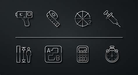 라인 디지털 온도계 측정 높이 본체 주사기 계산기 경로 위치 테이프 스톱워치 및 조각의 원 아이콘을 설정합니다 벡터 가리키기에 대한 스톡 벡터 아트 및 기타 이미지 Istock