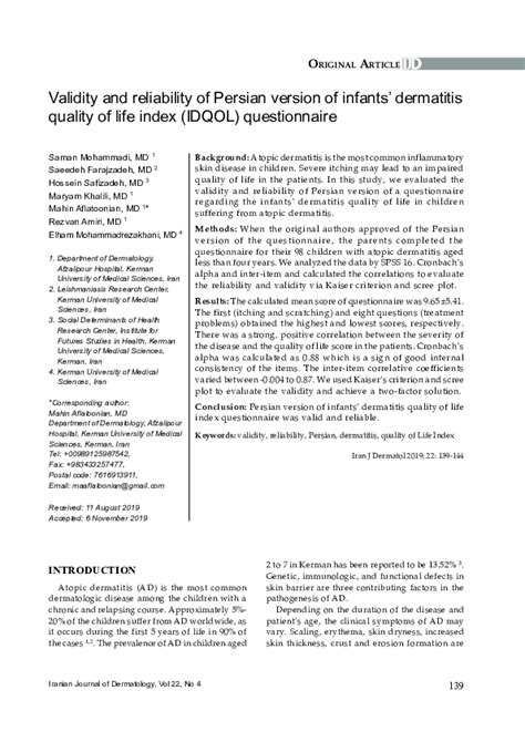 Pdf Validity And Reliability Of Persian Version Of Infants Dermatitis Quality Of Life Index