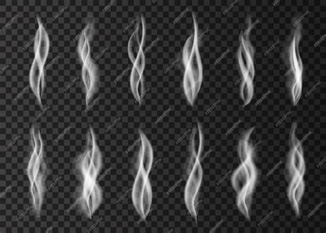 투명 한 배경에 고립 된 흰색 담배 연기 세트입니다 커피 또는 차 한잔에서 스팀 현실적인 벡터 일러스트 레이 션 프리미엄 벡터