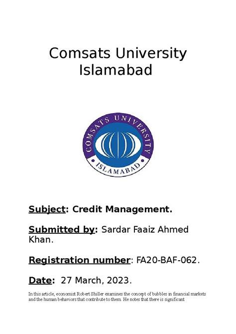 Cm 4th Assignment Comsats University Islamabad Subject Credit
