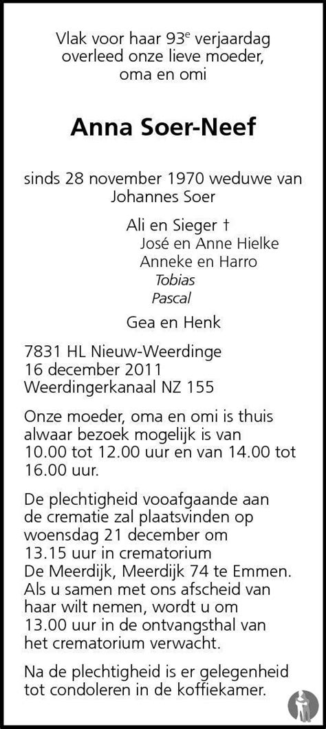 Anna Soer Neef 16 12 2011 Overlijdensbericht En Condoleances Mensenlinqnl