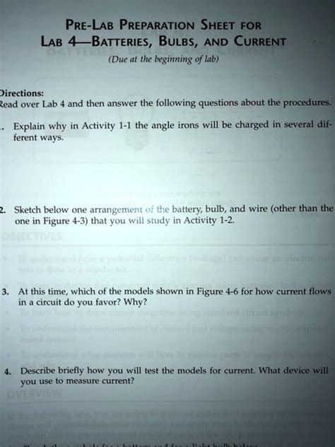 pre lab preparation sheet for lab 4 batteries bulbs and current due at