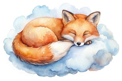 Premium Photo Cute Red Fox Sleeping On A Cloud Watercolor Drawing