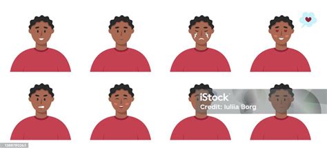 아프리카 계 미국인 남자 감정 설정 다른 얼굴 아바타 사람의 얼굴 표정 아이콘 개성 개념에 대한 스톡 벡터 아트 및 기타 이미지