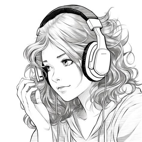 Drawing Of A Girl Listening To Music With Headphones Generative Ai