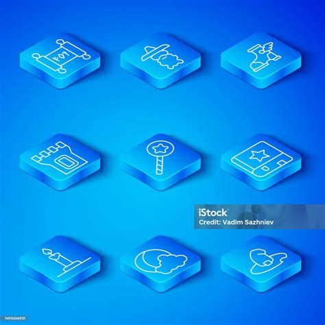 촛대 마술 지팡이 달의 별 고대 마법의 책 헤르메스 샌들 천수각 두루마리 및 마녀 모자 아이콘에 촛불을 태우는 선을 설정합니다 벡터 3차원 형태에 대한 스톡 벡터 아트 및