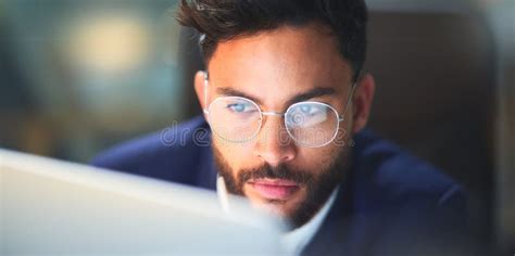 Thinking Night And Man With Glasses Laptop And Test Of Software For