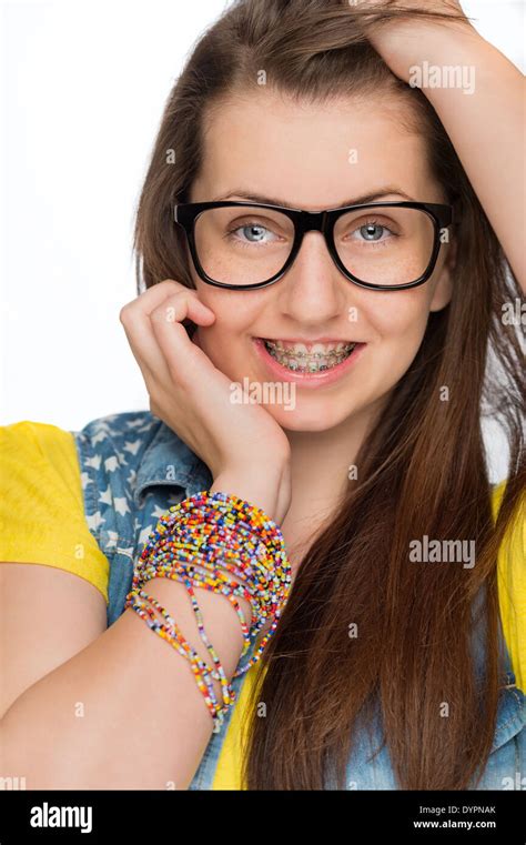 Girl With Braces Wearing Geek Glasses Teenage Fashion Isolated Stock