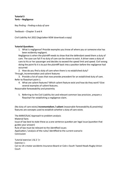 Tutorial 3 Torts Tutorial 3 Torts Negligence Key Finding Finding A Duty Of Care Textbook
