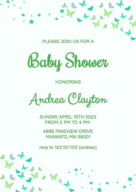 녹색 나비 무료 베이비 샤워 초대장 템플릿 Invitanku
