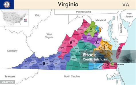 2020년 미국 인구 조사로 인해 카운티 국경 및 유색 의회 선거구 경계가 있는 버지니아 주 지도이며 2023년부터 유효합니다 버지니아의 국기 벡터 0명에 대한 스톡 벡터