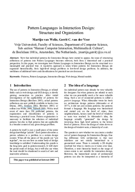 Pdf Pattern Languages In Interaction Design