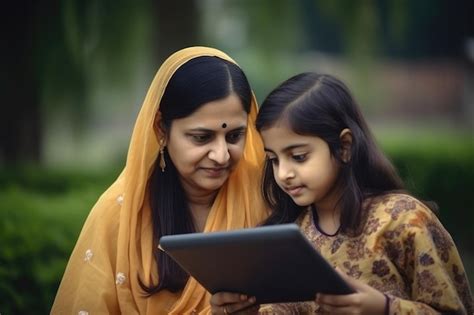 Premium Ai Image Learning Mom And Girl With Tablet For Education Or Digital Storytelling