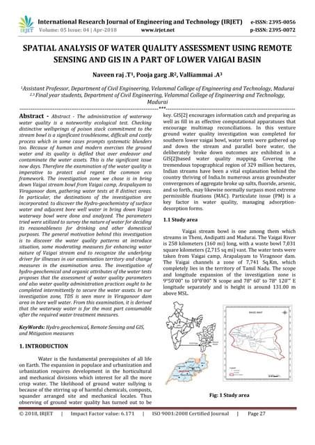 Irjet Spatial Analysis Of Water Quality Assessment Using Remote Sensing And Gis In A Part Of