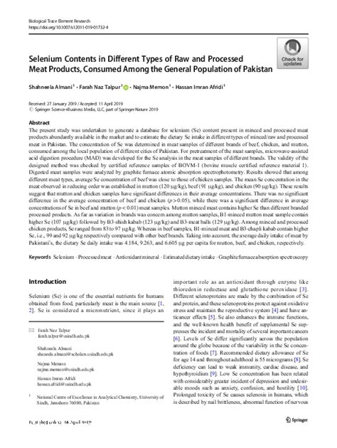 Pdf Selenium Contents In Different Types Of Raw And Processed Meat Products Consumed Among