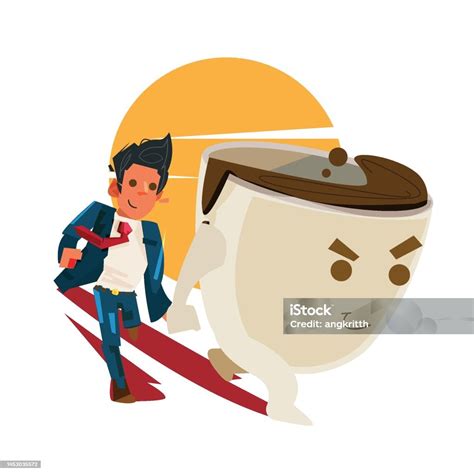 서둘러 시간을 확인하고 큰 커피 컵 만화 캐릭터와 함께 달리는 사업가 벡터 일러스트레이션 긴급 개념에 대한 스톡 벡터 아트 및 기타 이미지 Istock