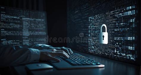 Digital Padlock For Computing System On Dark Blue Background Cyber Security Technology For