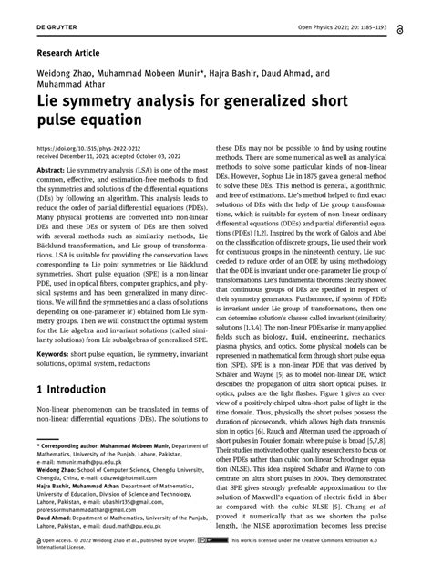 pdf lie symmetry analysis for generalized short pulse equation
