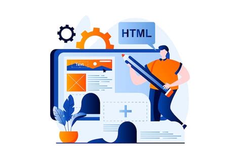 플랫 만화 디자인의 사람 장면이 포함된 웹 개발 개념 Man은 Html로 프로그래밍하고 웹 사이트를 만들고 최적화하고 웹에 대한