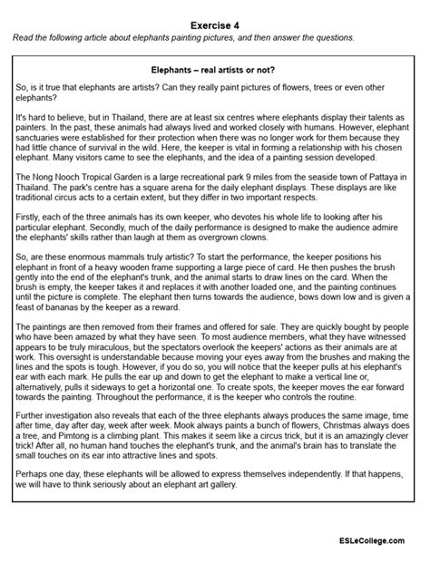 Igcse Esl Reading Exercise 4 Questions Elephants Artists Pdf Elephant