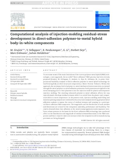 Pdf Computational Analysis Of Injection Molding Residual Stress