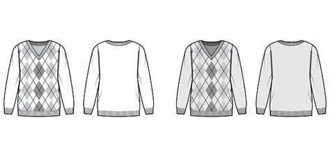 아가일 스웨터 테크니컬 패션 일러스트와 리브 V넥 긴 소매 오버사이즈 핑거팁 길이 니트 커프 트리밍 0명에 대한 스톡 벡터 아트