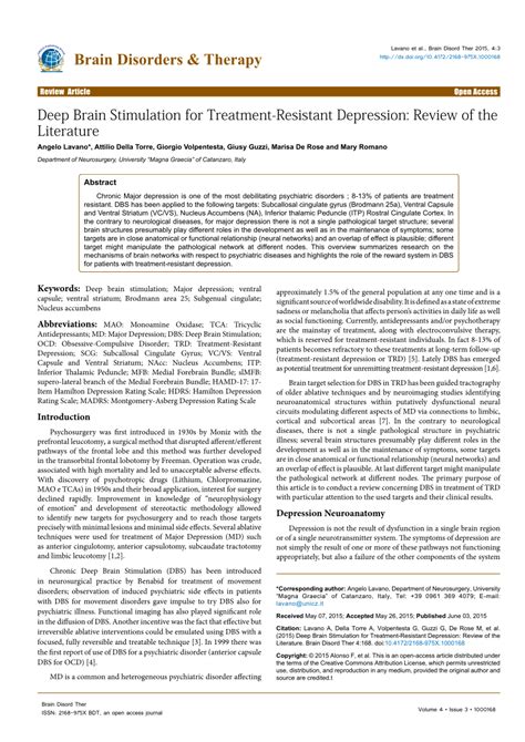 Pdf Deep Brain Stimulation For Treatment Resistant Depression Review Of The Literature