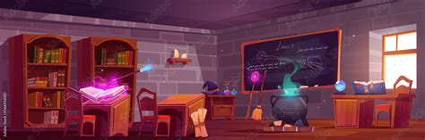 Magic School Classroom Interior With Wooden Desks For Pupils And Teacher Blackboard With Chalk