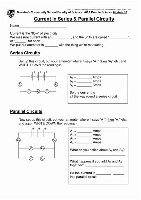 Worksheet Series Parallel Circuits