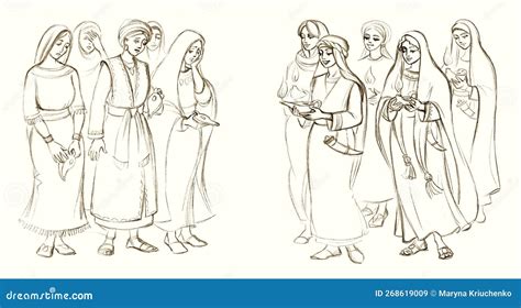 Five Wise And Five Foolish Virgins Pencil Drawing Stock Illustration