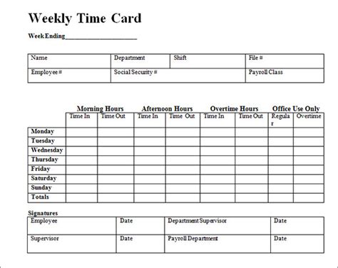Printable Weekly Time Card Template Templates Printable