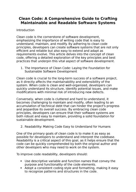 Clean Code A Comprehensive Guide To Crafting Maintainable And Readable Software Systems Clean