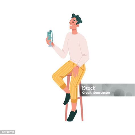 바 의자에 앉아서 칵테일을 마시는 바의 방문자 고립 된 남성 인물은 웃고 말하고 술집에서 음료를 맛볼 수 있습니다 플랫 스타일의