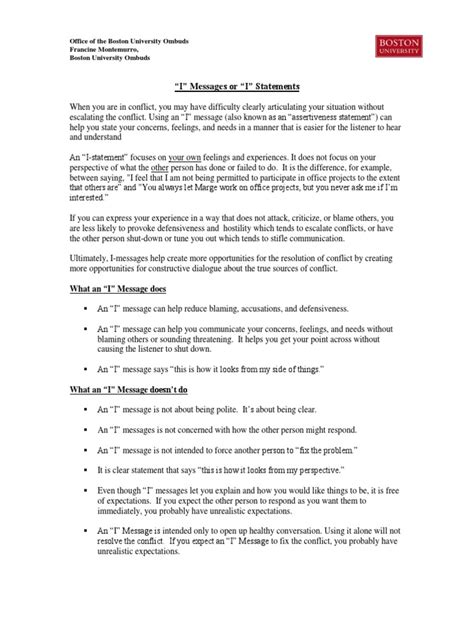 Assertive I Messages Handout Pdf Cognition Psychological Concepts