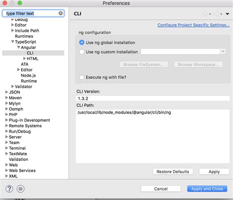 eclipse preferences the usr local lib node modules angular cli bin
