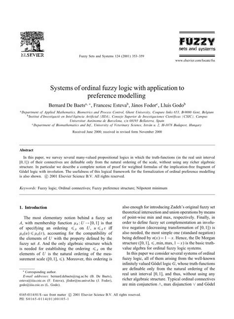Pdf Systems Of Ordinal Fuzzy Logic With Application To Preference