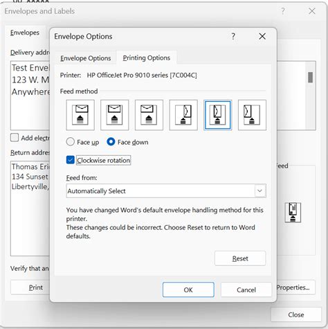 printing envelope rotation 180 from icon and error message