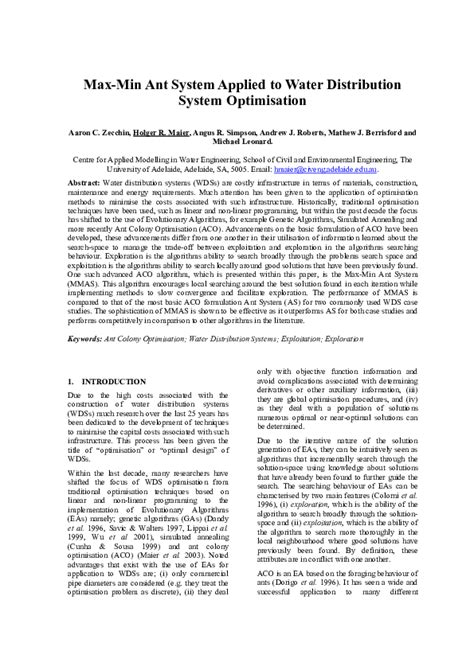 Pdf Max Min Ant System Applied To Water Distribution System Optimisation