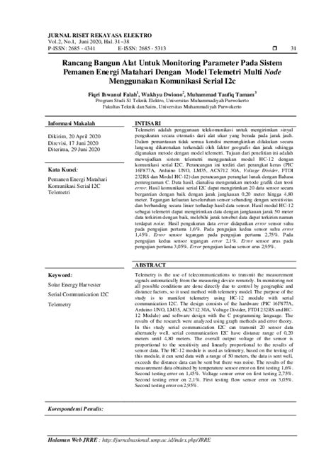 Pdf Rancang Bangun Alat Untuk Monitoring Parameter Pada Sistem Pemanen Energi Matahari Dengan
