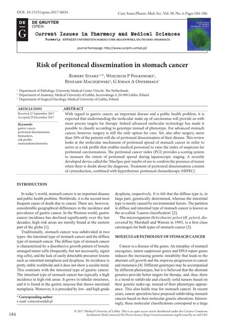 Pdf Risk Of Peritoneal Dissemination In Stomach Cancer