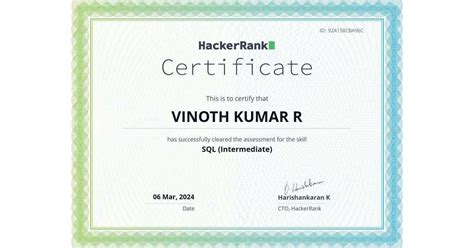 vinoth kumar r on linkedin hackerrank skill certificate