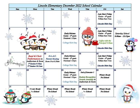 December School Calendar Lincoln Elementary School