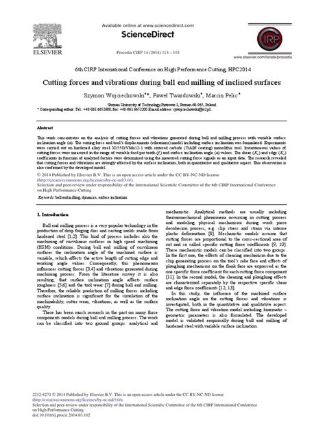 Cutting Forces And Vibrations During Ball End Milling Of Inclined Surfaces Pdf Force Machining
