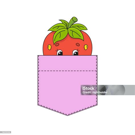 셔츠 포켓에 딸기 귀여운 캐릭터 다채로운 벡터 일러스트레이션입니다 만화 스타일입니다 흰색 배경에 격리 디자인 요소입니다 셔츠