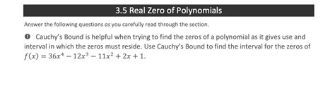 solved 3 5 real zero of polynomials answer the following